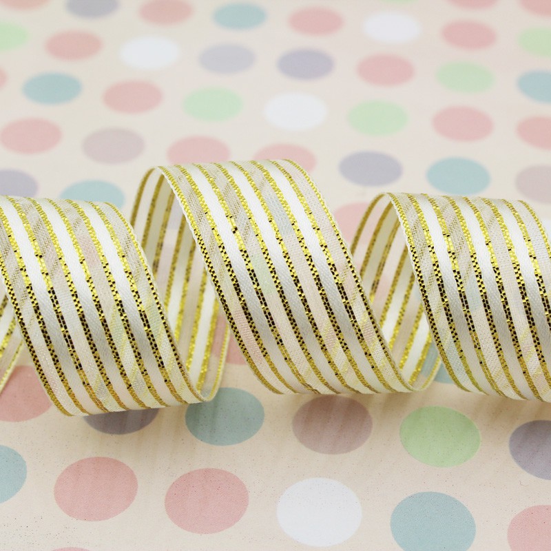 (25 yards/roll) 15mm White gold stripe gift packaging ribbon high ...