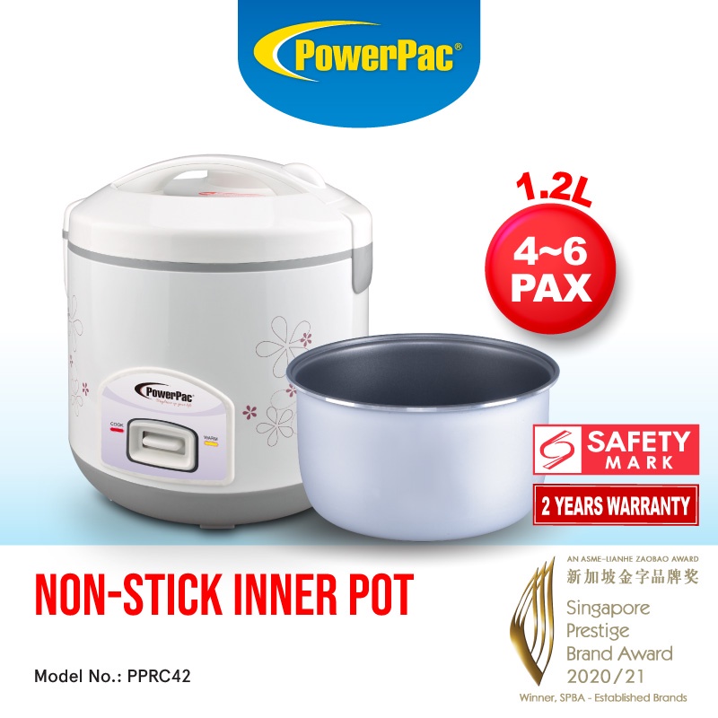 PowerPac Rice Cooker 1.2L with Steamer (PPRC12) Non-stick inner pot ...