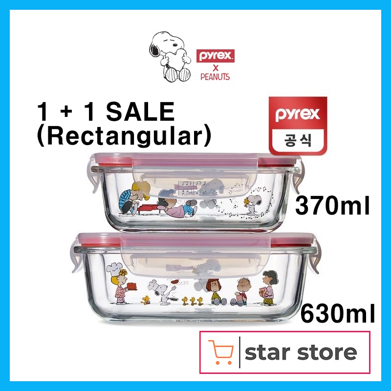 Pyrex SNOOPY(NEW) Glass Airtight Container Rectangular 370ml or 630ml SET SALE /korea Dinnerware ...