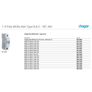 Hager 1P Single Pole MCB Type B MT110A MT116A MT120A MT132A MT140A ...