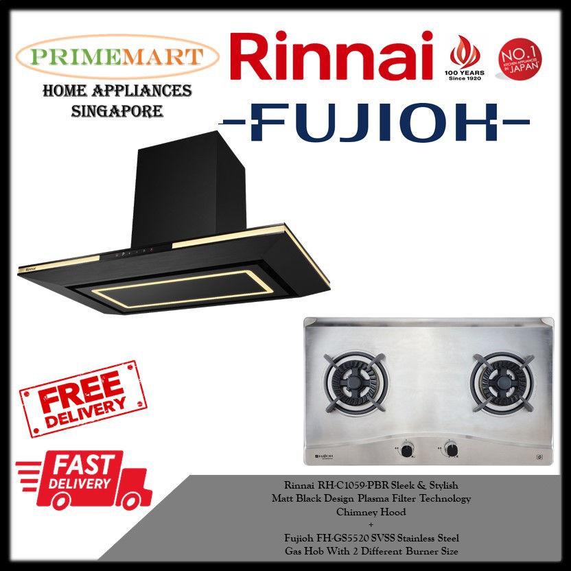 Rinnai RH-C1059-PBR Chimney Hood + Fujioh FH-GS6520 SVSS Stainless Steel Gas Hob BUNDLE DEAL ...