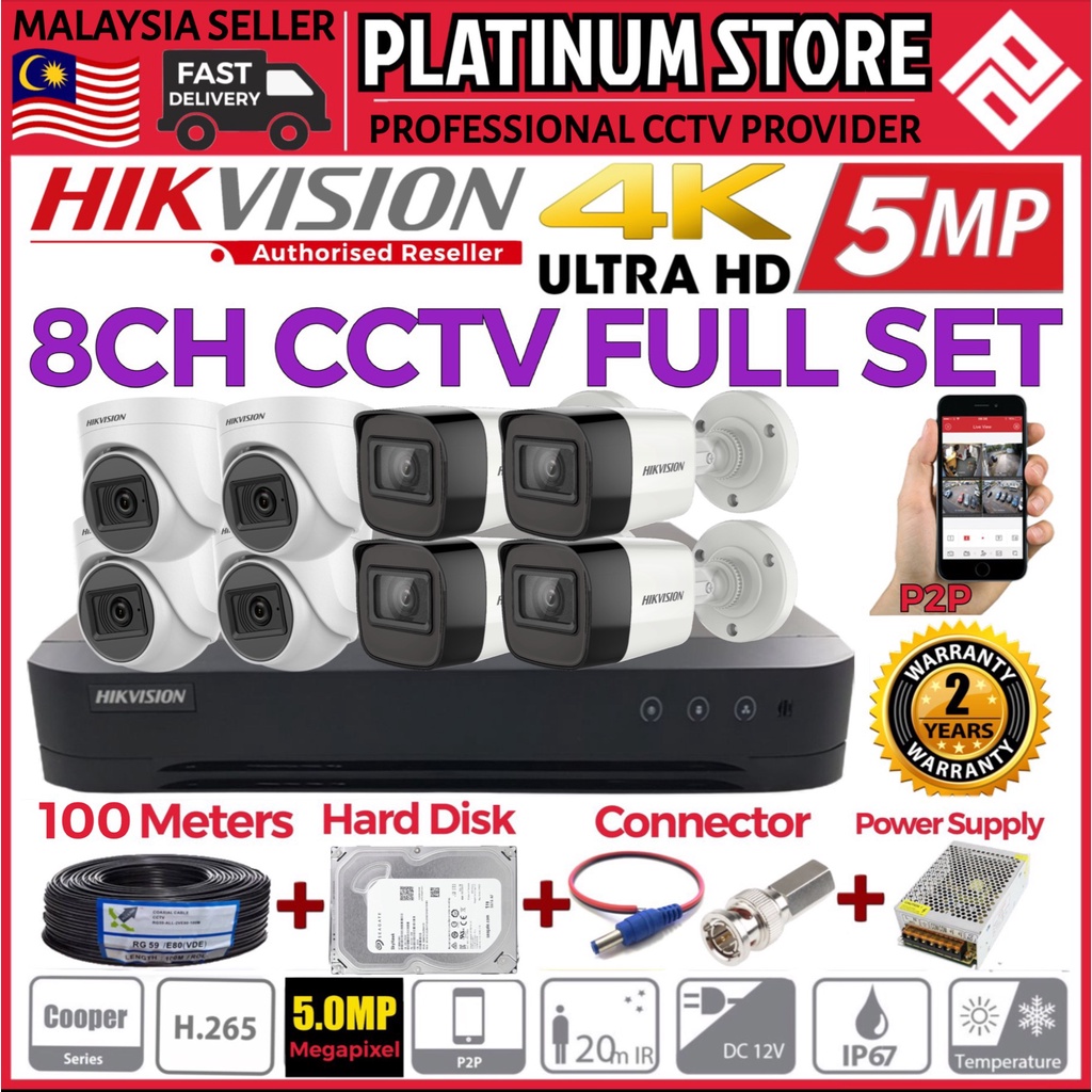 HIK HIKVISION 5MP Full Set 8-CHANNEL 4K HD CCTV 8CH DVR + Camera + Hard ...