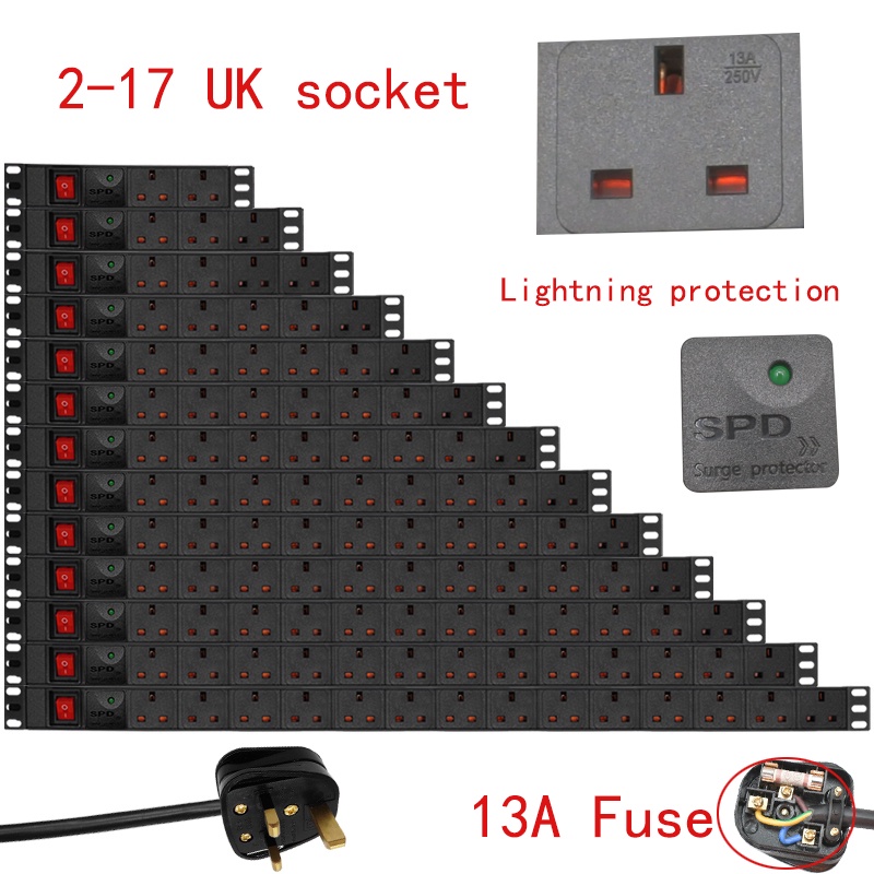PDU Power Strip surge protection 2-17 Way UK 3 PIN PLUG Socket 13A ...
