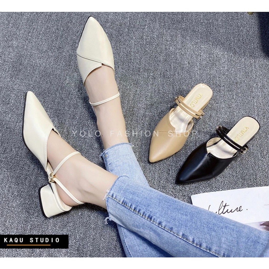 High-heeled Mules With Square Heels And Cross Flap 5Cm Can Go In 2 Soft ...