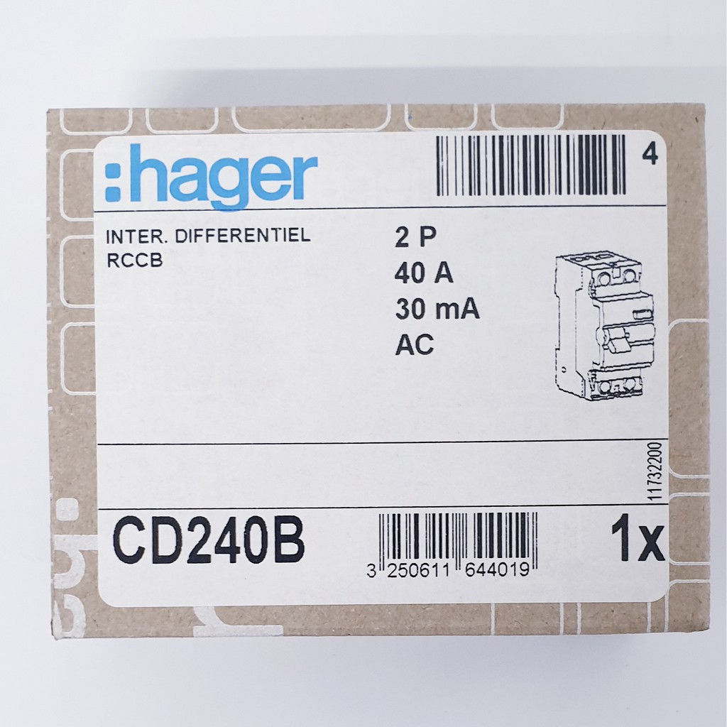Hager CD240B 40A 2P 2 Pole 30mA AC Inter Differential Residual Current Circuit Breaker Device ...
