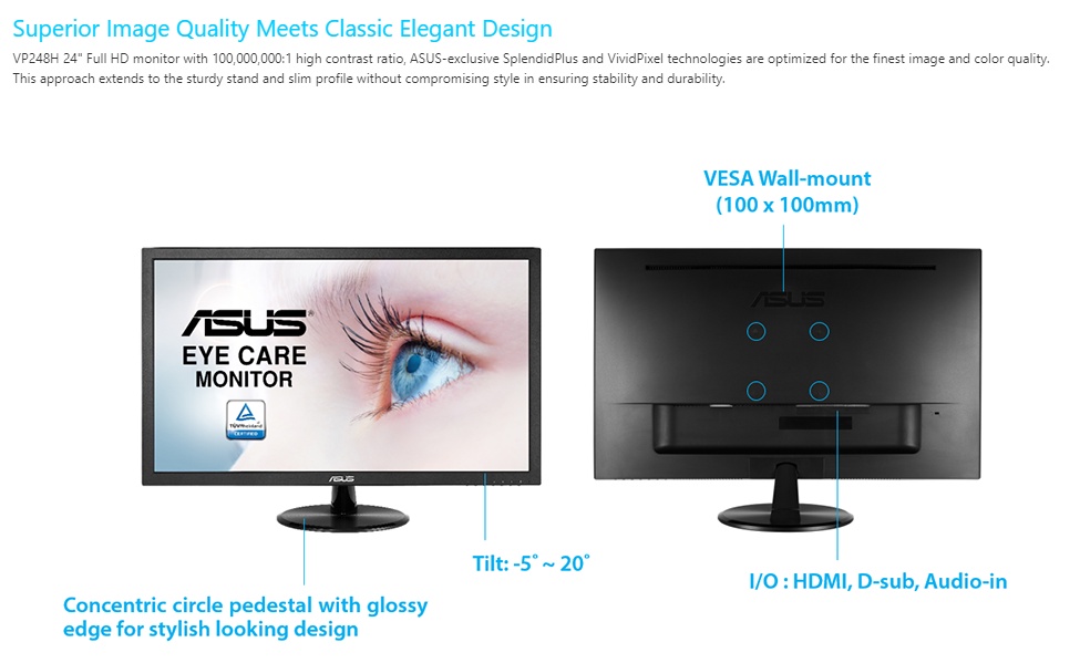 ASUS VP248H Monitor 24 inch Full HD 1ms Adaptive-Sync Flicker Free Blue ...