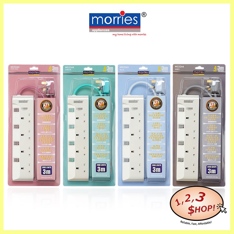 Morries 3M 4 Way Extension Cord With Surge MS3244 (Coloured) | Shopee ...