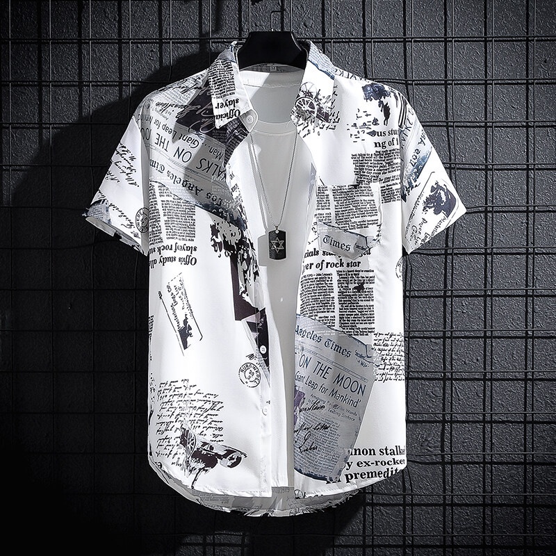 Summer Men's Short-Sleeved Newspaper Shirts, Thin Graffiti Trendy ...