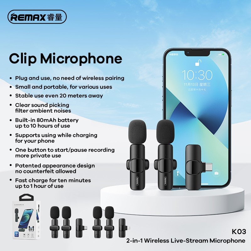 REMAX K03 Bluetooth Microphone Wireless Live Microphone for 2 Person ...