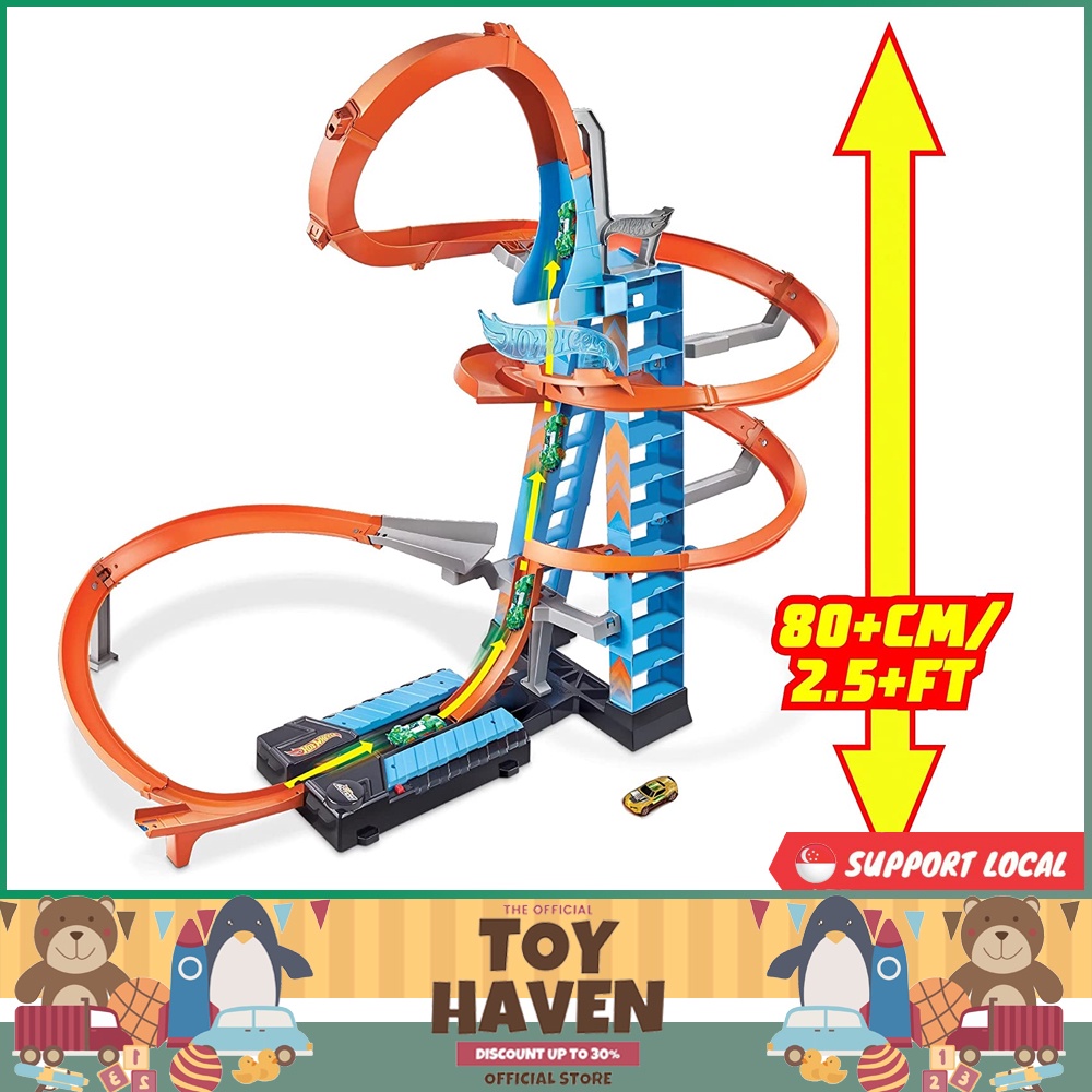 [sg stock] Hot Wheels Sky Crash Tower Track Set 2.5+ft High w Motorized ...