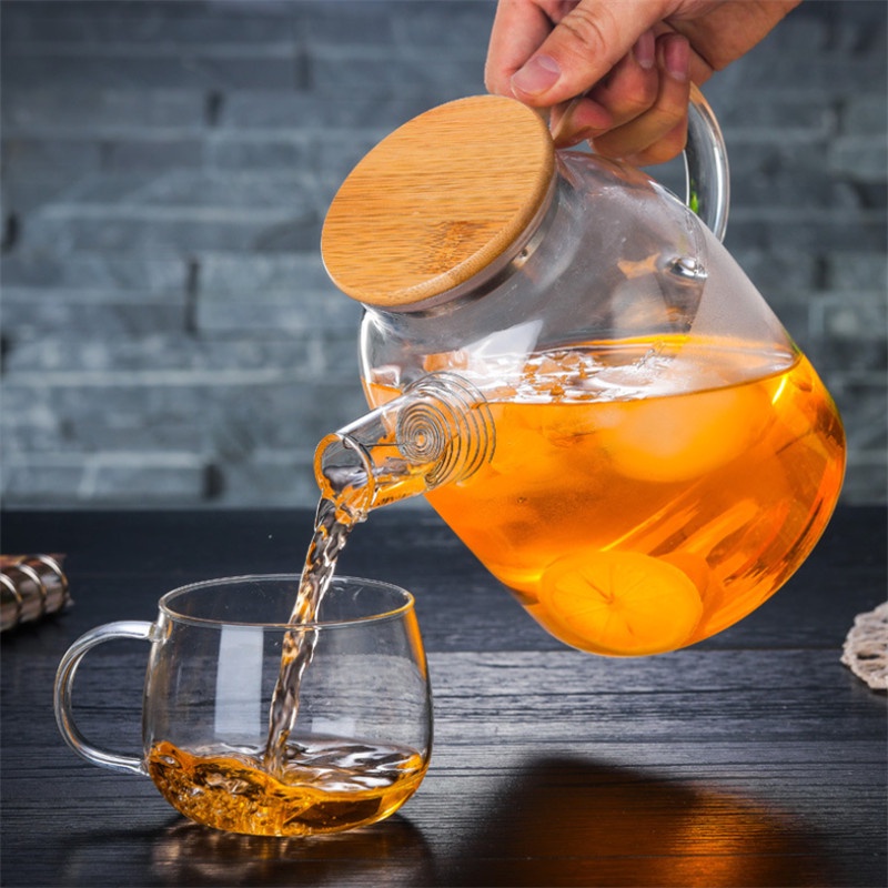 1L 1.8L Transparent Glass Teapot with Bamboo Lid Heat-Resistant Large ...