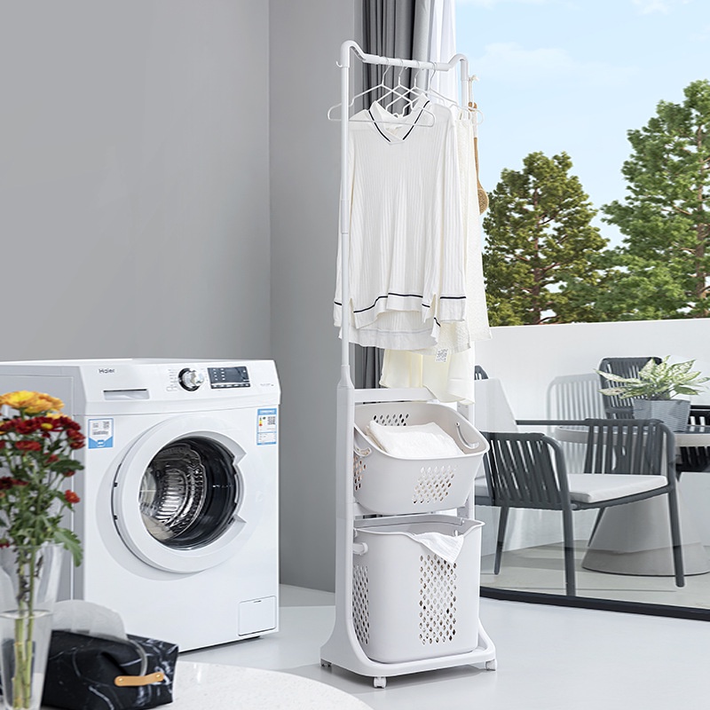 Movable Laundry Rack Clothes Drying with Basket Bathroom Storage Hanger ...