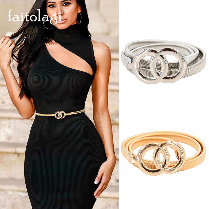 FAITOLAGI Double Rings Chain Waist Belt for Women Elastic Stretch ...