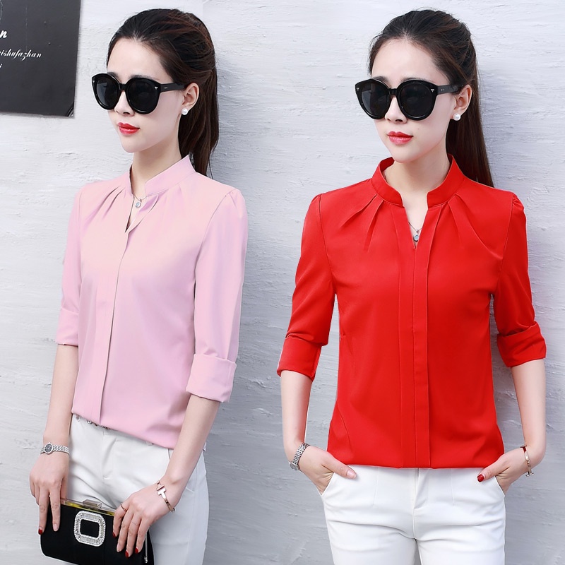 Women Casual Solid Red Long Sleeve Chiffon Top Blouses Female Pullover ...