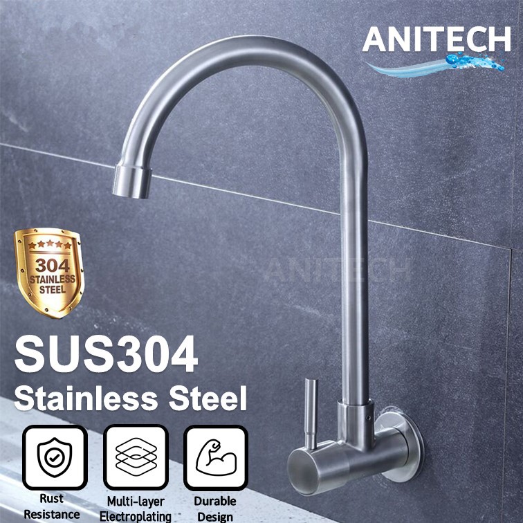 ANITECH Stainless Steel (SUS 304) Kitchen Faucet Wall / Pillar Mounted Sink Tap Kepala Paip ...