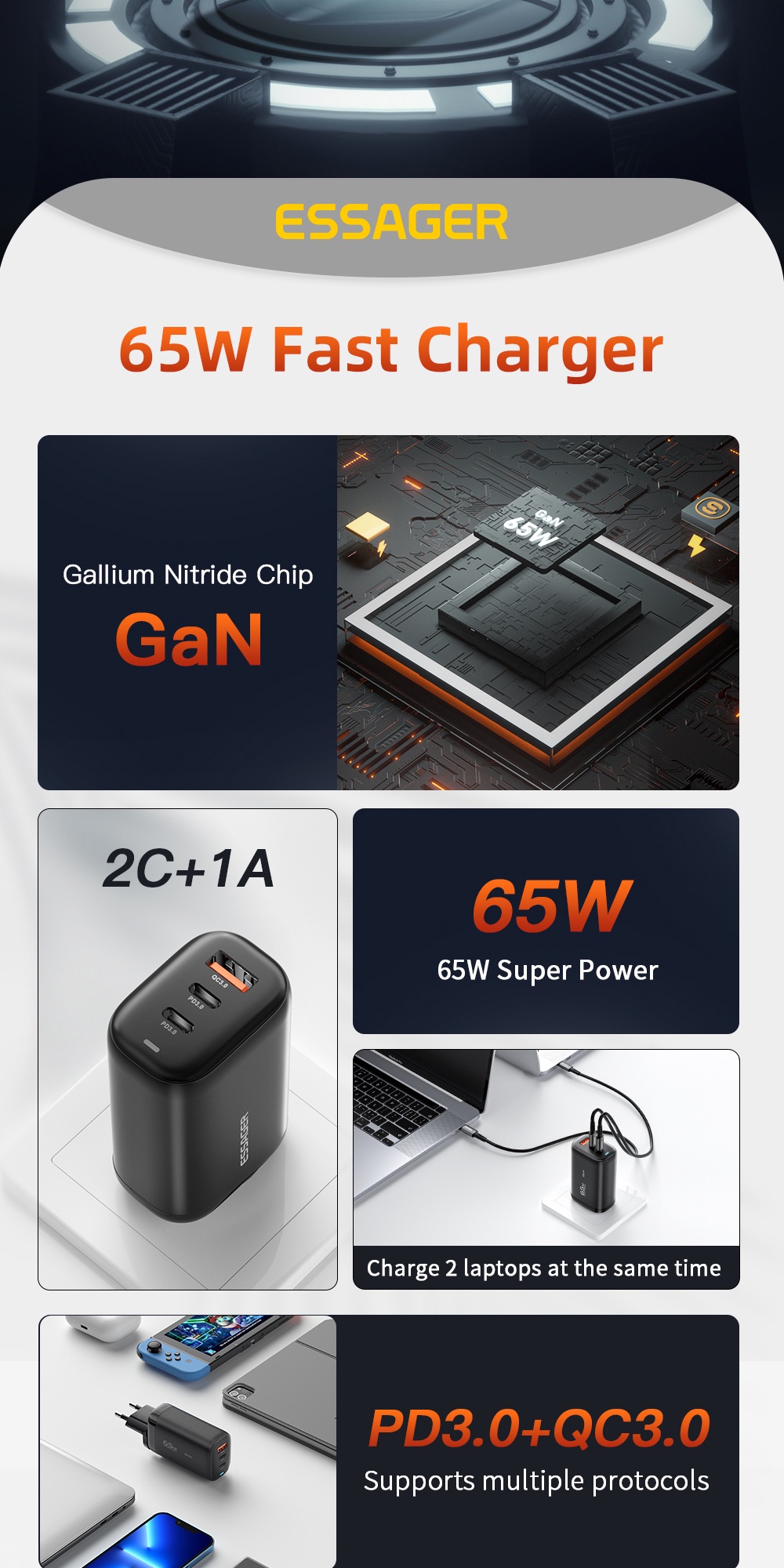 Essager 65W Usb Type C charger 3 ports smart chip shunt GaN travel ...