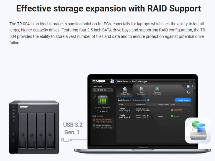 QNAP TR-004 4-Bay USB Type-C Direct Attached Storage (DAS) with ...