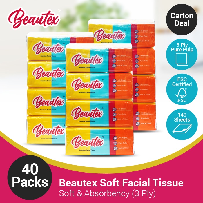 BEAUTEX 3Ply Soft pack Facial Tissue -Total 40 Packs [CARTON DEAL ...