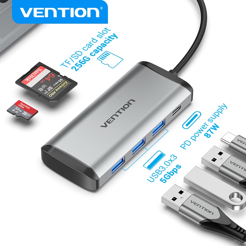 Vention USB C HUB Type C Adapter 6 in 1 Type C to TF/SD/USB 3.0/PD 87W ...