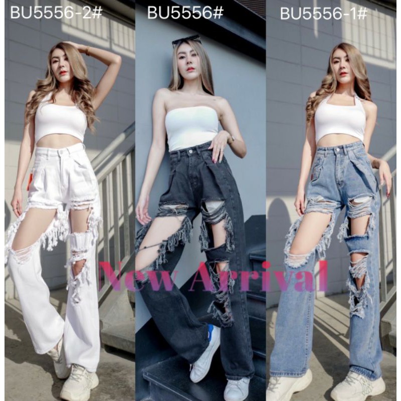 5556 Jeans (Non-Stretch Fabric) Large Cylinder Waist Bag Pleated Torn ...