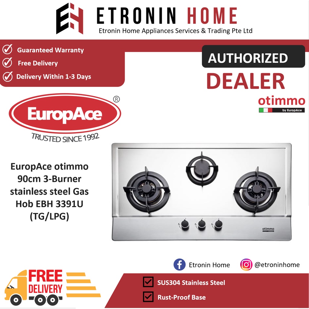 EuropAce otimmo 90cm 3-Burner stainless steel Gas Hob EBH 3391U (TG/LPG) | Shopee Singapore