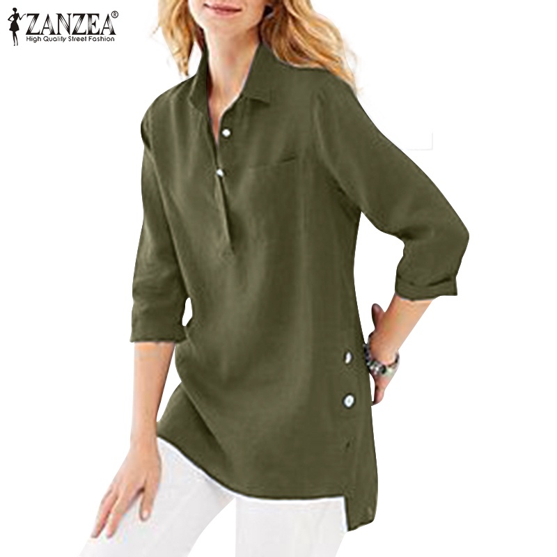 ZANZEA Women Simple Daily 3/4 Sleeves With Buttons Fold Over Collar ...