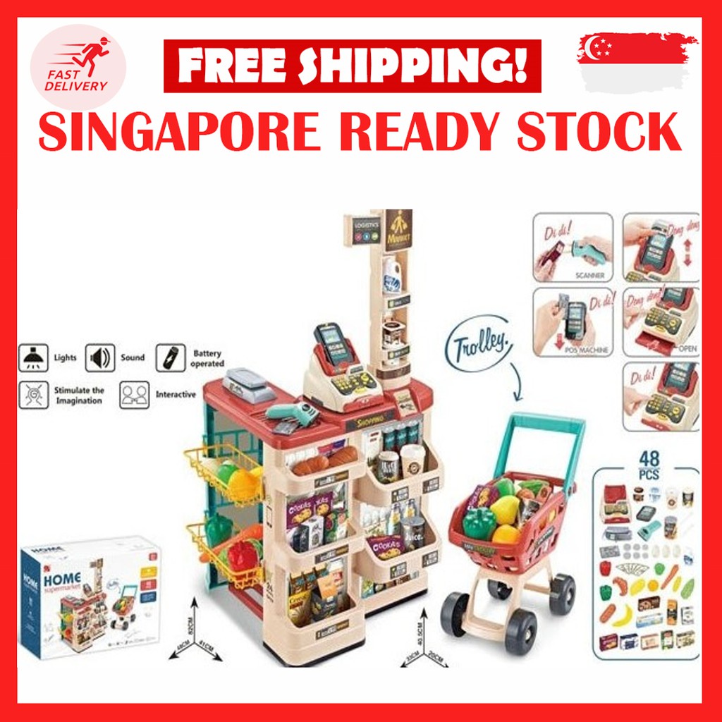 CHILDREN KIDS PLAY SUPERMARKET CASHIER COUNTER WITH TROLLEY SCANNER ...