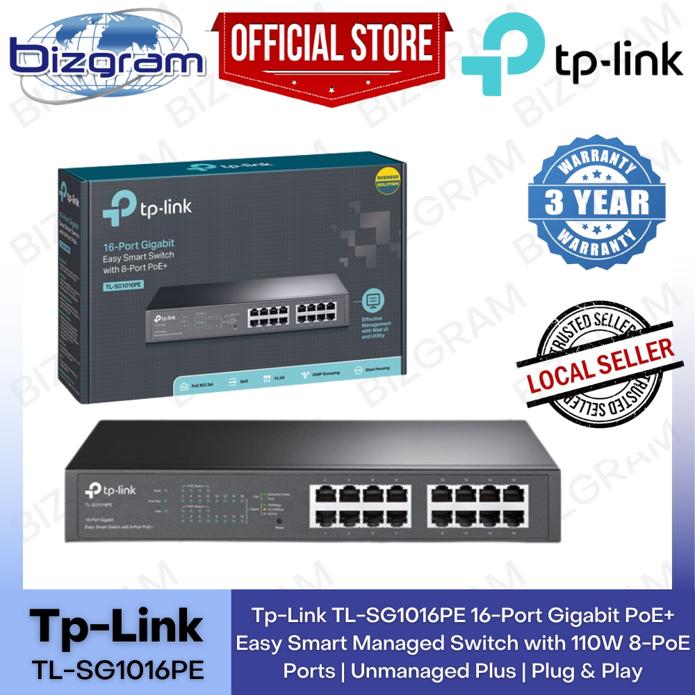Tp-Link TL-SG1016PE 16-Port Gigabit PoE+ Easy Smart Managed Switch with 110W 8-PoE Ports ...