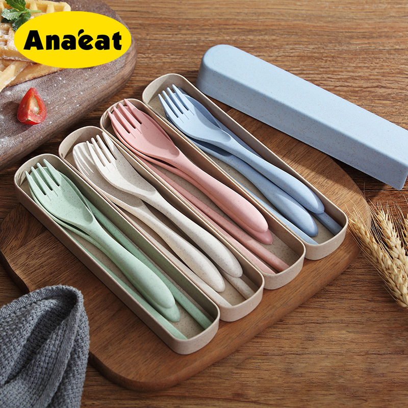 ANAEAT 3pcs/set Travel Cutlery Portable Cutlery Box Japan Style Wheat ...