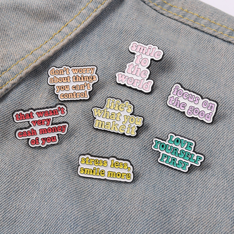 Funny Quote Enamel Pin Smile to the World Geometry Brooches Backpack ...
