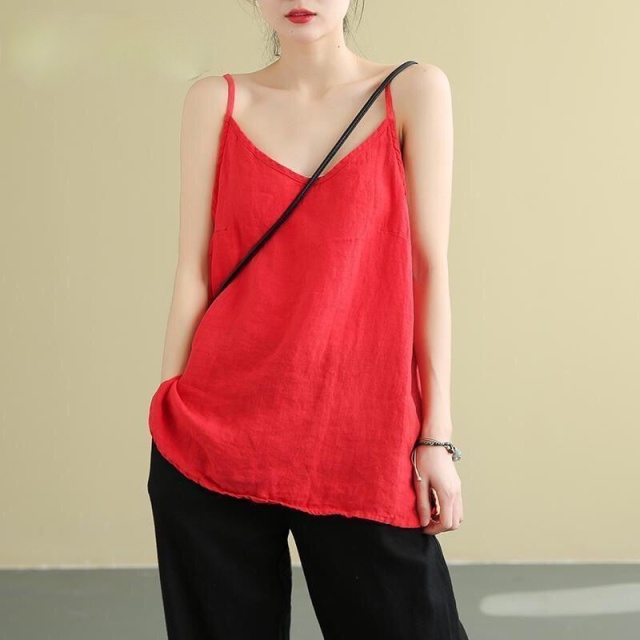 Women's Summer Top Cotton Linen Spaghetti Strap Top Women Halter V Neck ...