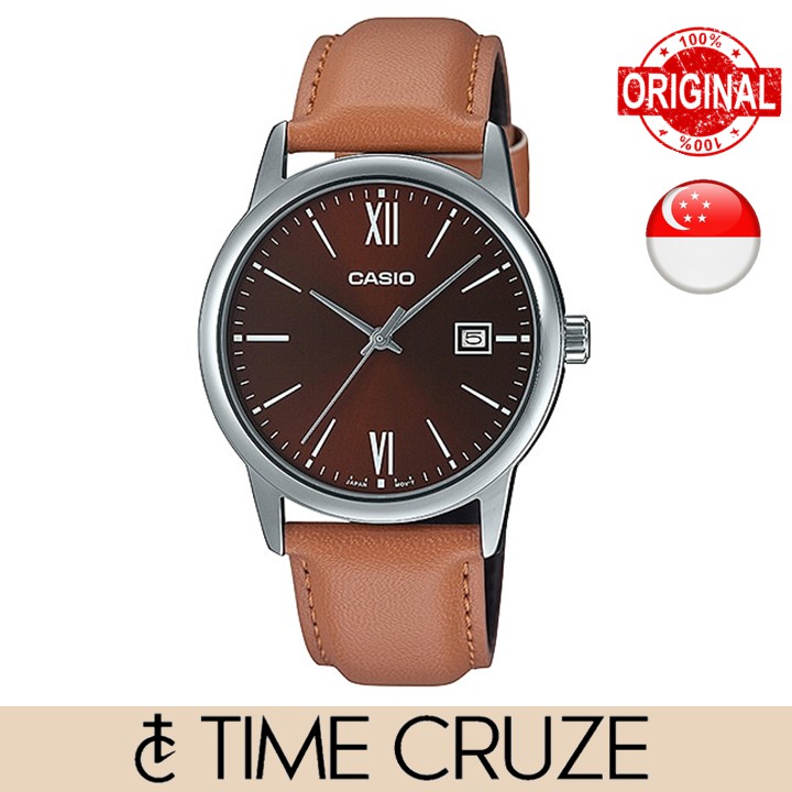 [Time Cruze] Casio MTP-V002 Brown Leather Strap Date Analog Quartz Men Watch MTP-V002L-5B3UDF ...
