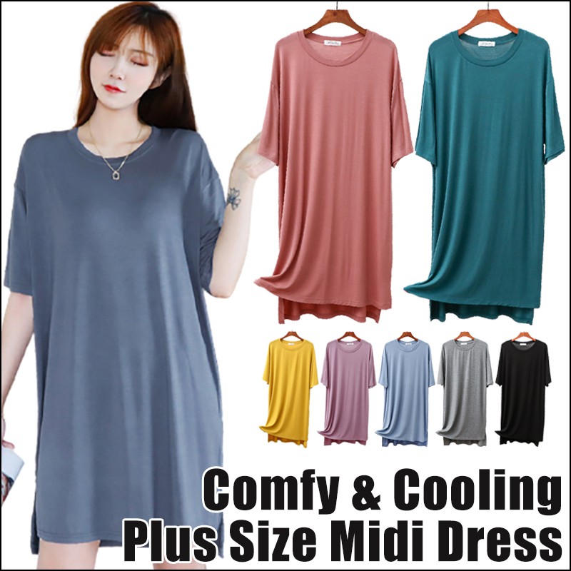 Plus size Cooling Short Sleeves Midi Dress Loose Fit Comfy Modal Women ...
