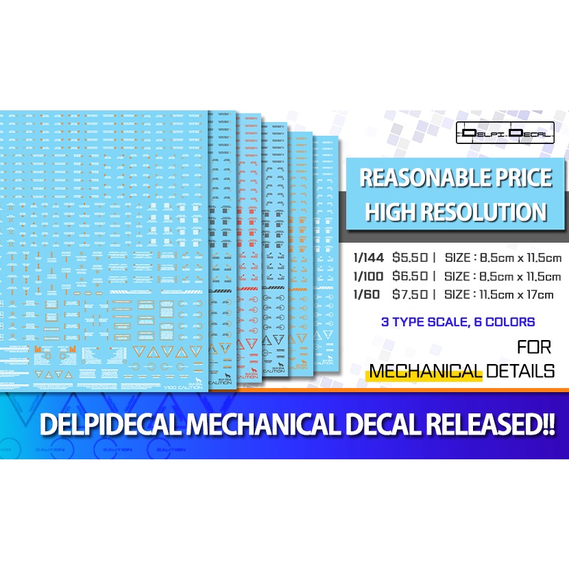 DELPI DECAL 1/60 1/100 1/144 UNIVERSAL MECHANICAL CAUTION WATER DECAL ...