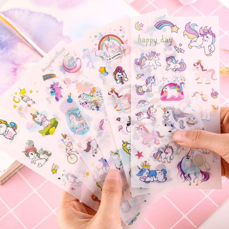6 Sheets/set Cute Cartoon PVC Stickers Unicorn Stickers Album Hand ...