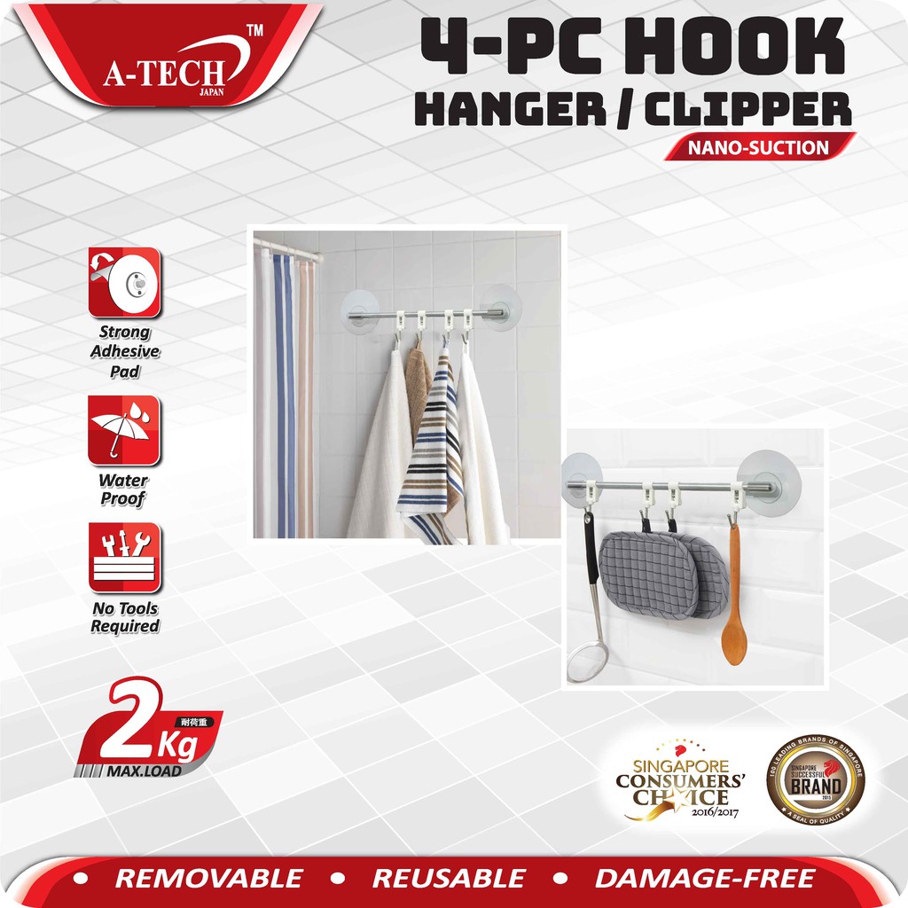 A-Tech Nano Suction Stainless Steel Rod with 4pcs Hook/Clipper (easy ...