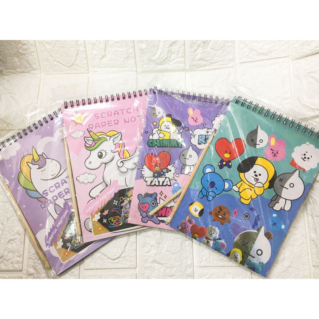 Sanrio/BTS BT21/UNICORN DIY Drawing Book Scratch Sketch Black Cardboard ...