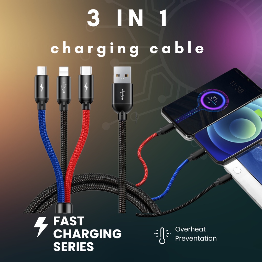 Multi Charging Cable Nylon Braided 3 in 1 USB Cable Fast Charging Cord ...
