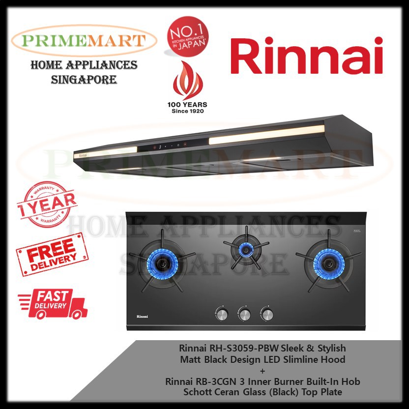 Rinnai RH-S3059-PBW Slimline Hood + RB-3CGN 3 Inner Burner Built-In Hob - BUNDLE -FREE DELIVERY ...