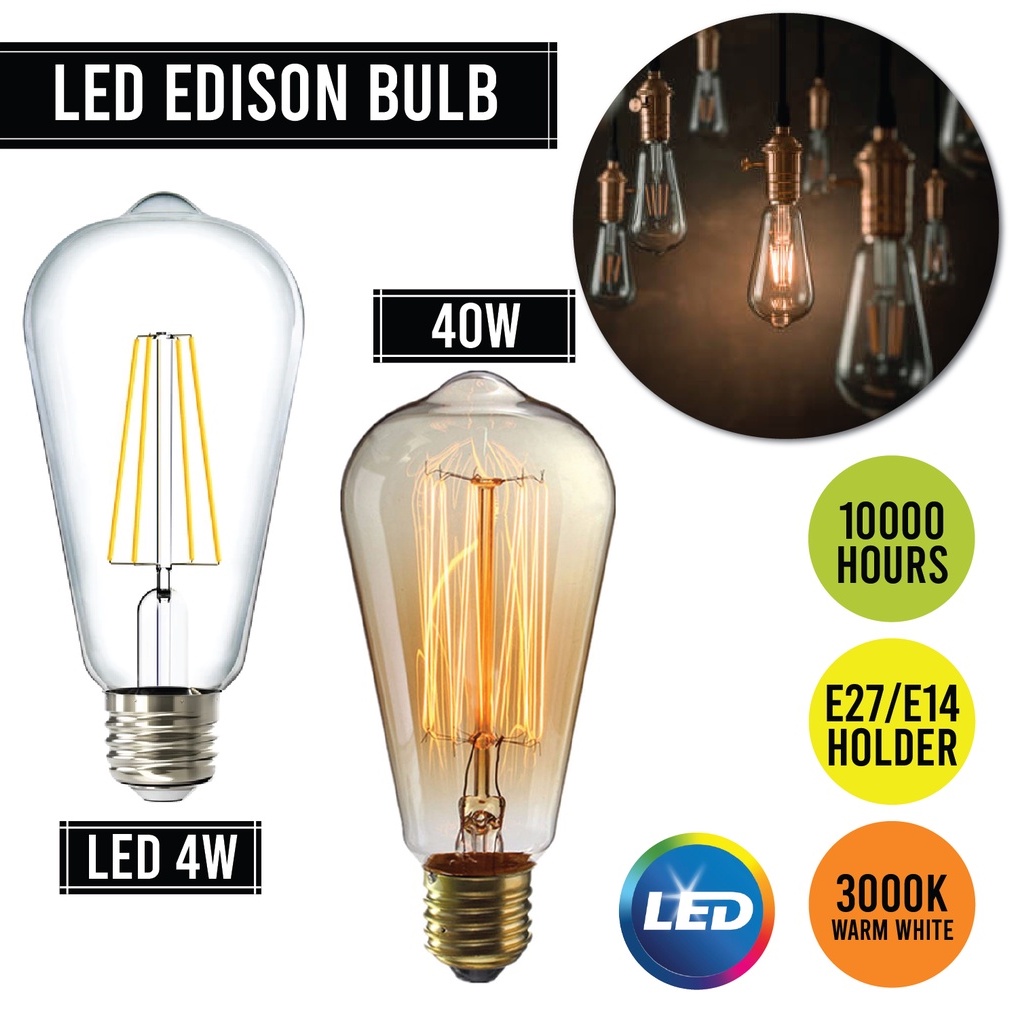 LED BULB 4W E27 ST64 LED Edison Filament Bulb Warmwhite(3000k) | Shopee ...