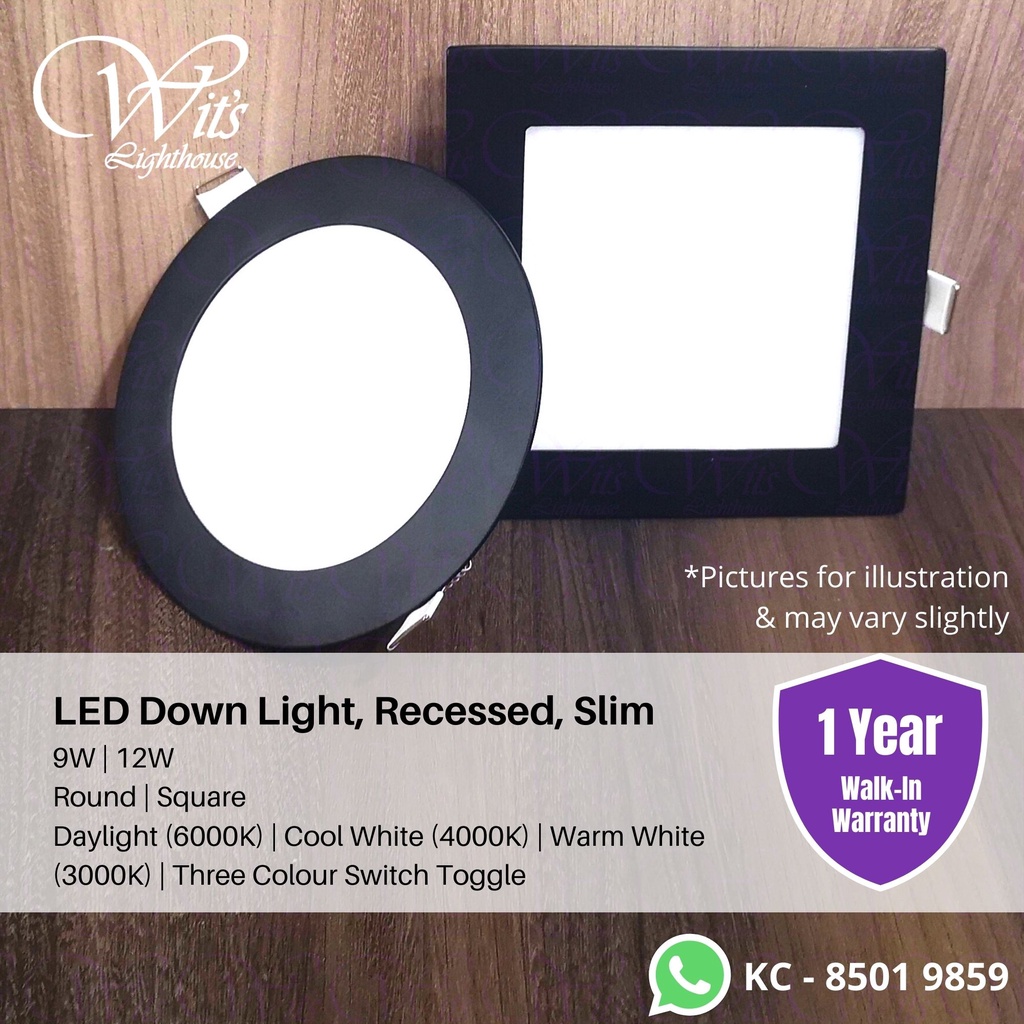 Slim LED Square Downlight Round Downlight Panel Light, Black Casing, 1 ...