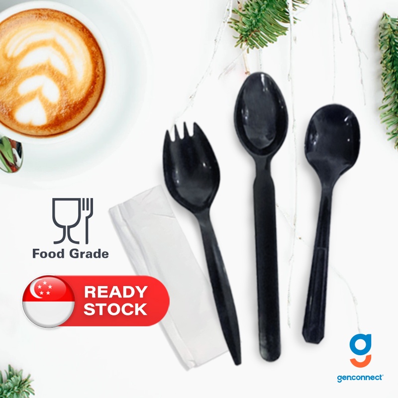 100PC Disposable Black Plastic Spoon Fork Spork Takeaway cutlery set ...