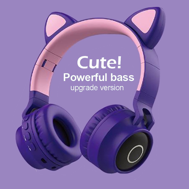 Cute Cat Ear Headphones Wireless LED Luminous Cat Wireless Headphones Bluetooth Headset Heavy ...