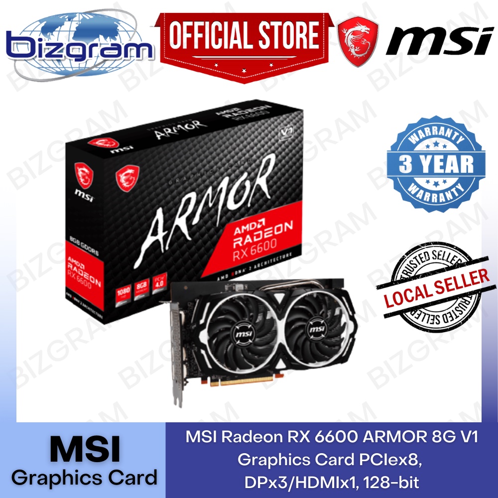 MSI Radeon RX 6600 ARMOR 8G V1 Graphics Card PCIex8, DPx3/HDMIx1, 128 ...