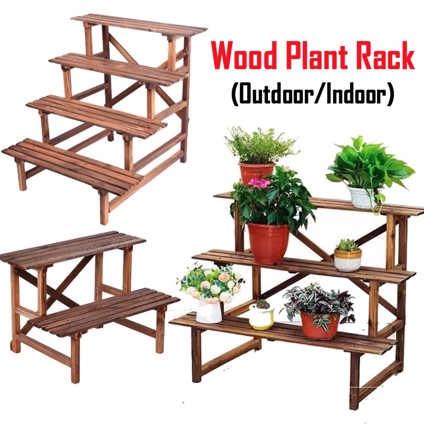 Wooden Plant Rack/ Outdoor Planter Rack/ Wood Rack/Step Rack/Carbonised ...
