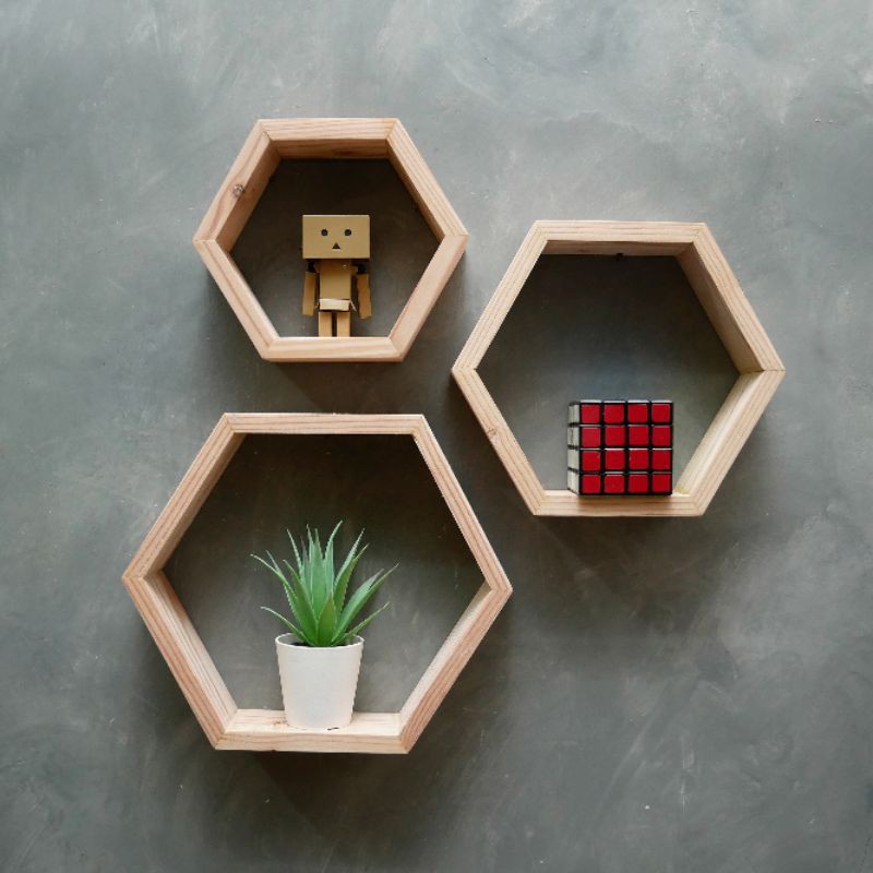 HIASAN DINDING KAYU Hexagon 1 Set 3 Pcs / Shelf / Wall Shelf / Wooden ...