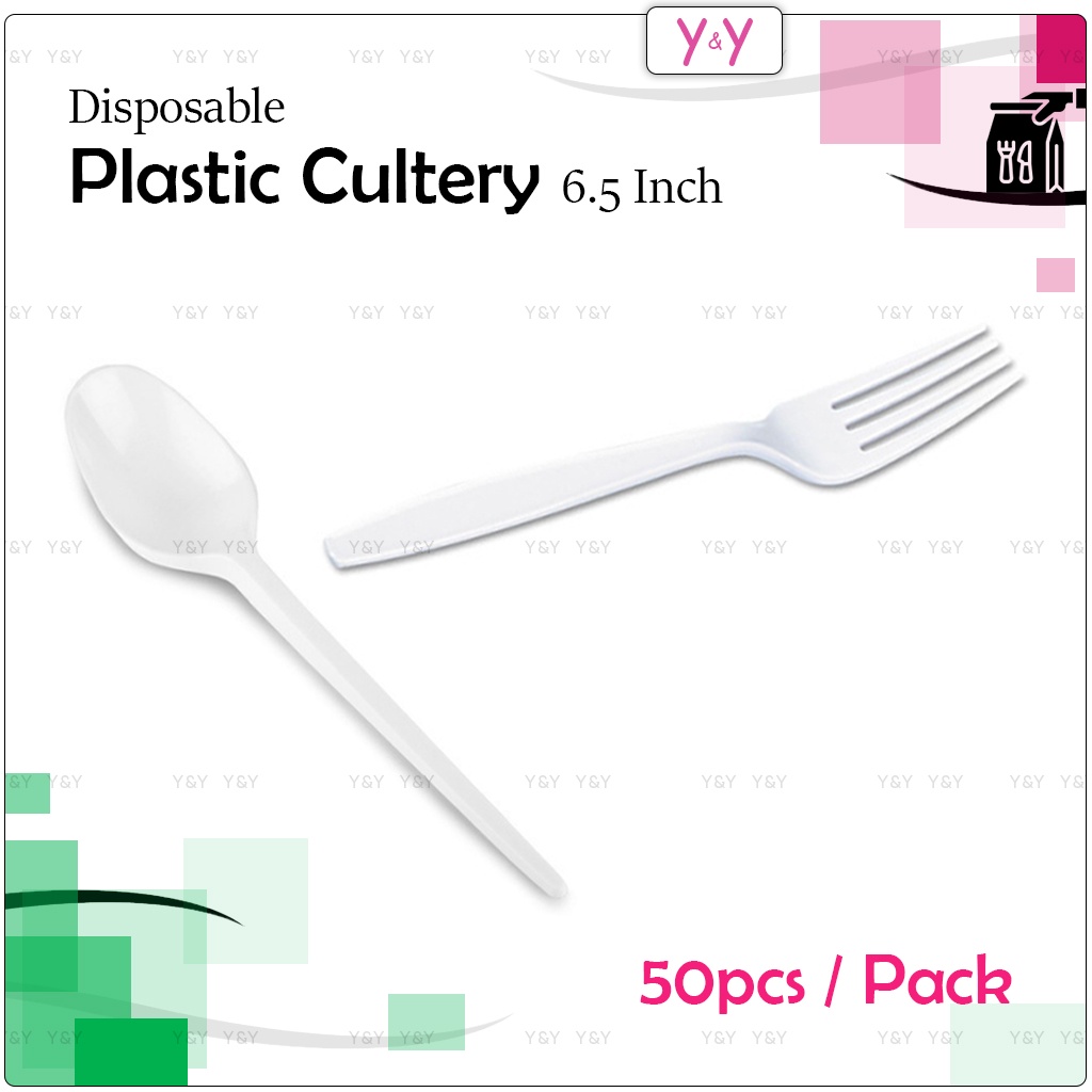 [ECON] 50pcs Disposable Plastic Spoon / Plastic Fork - 6.5 Inch - White ...