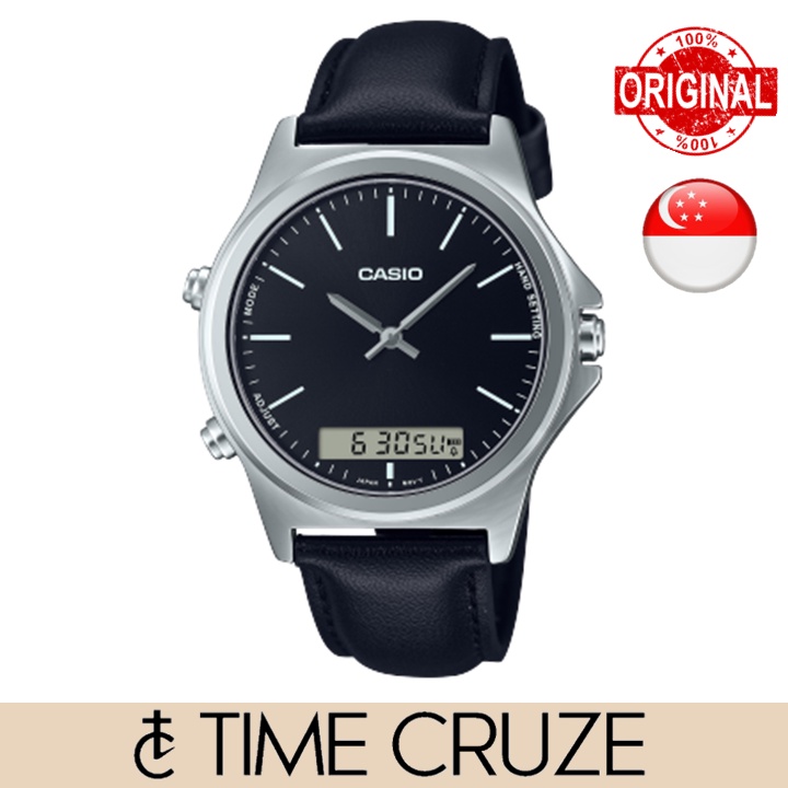 [Time Cruze] Casio MTP-VC01 Black Leather Strap Quartz Analog Digital Black Dial Men Watch MTP ...