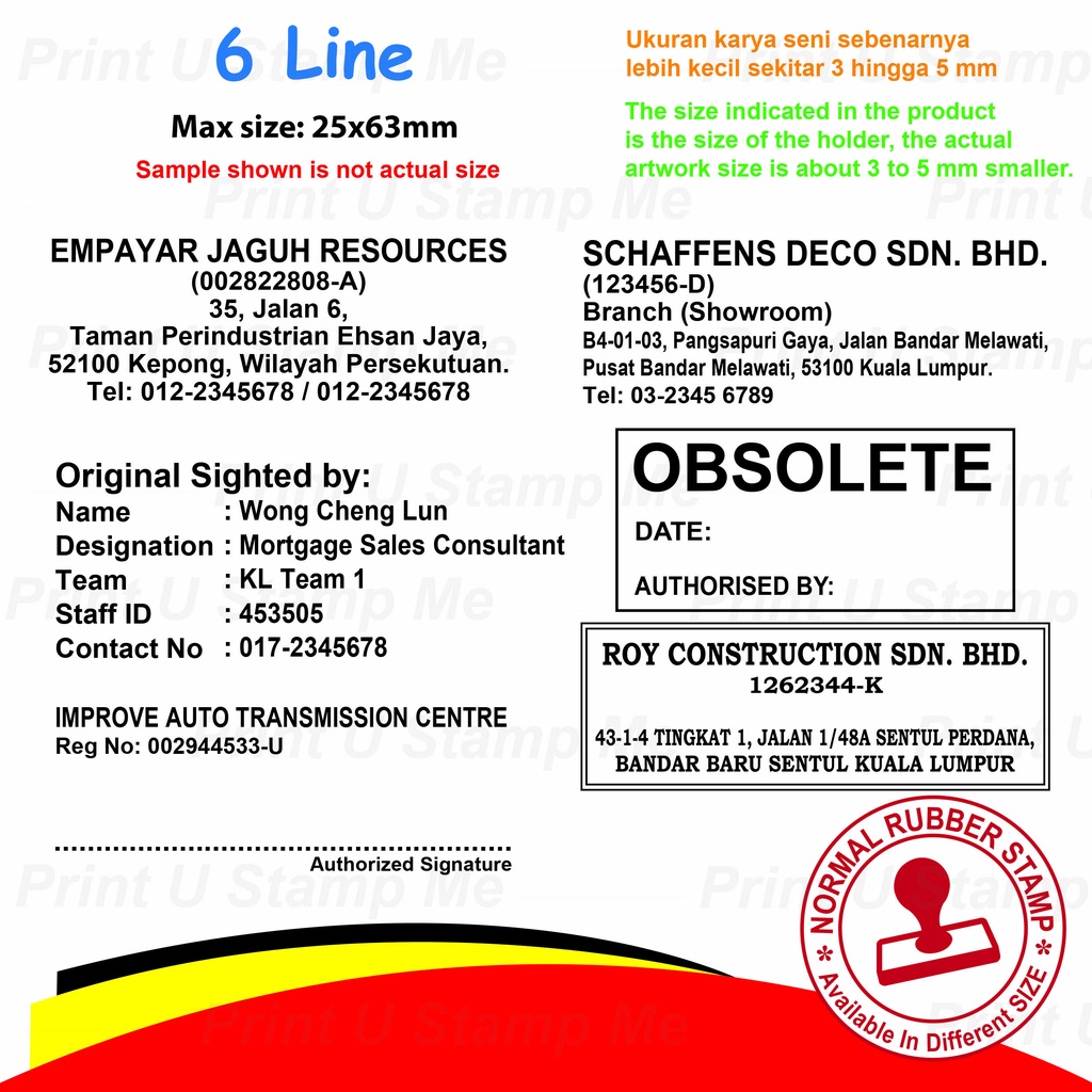 RUBBER STAMP: COP GETAH / COP COMPANY / COP NAMA / ADDRESS CHOP 公司地址 ...