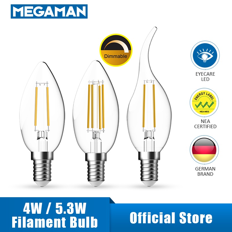 Megaman LED Filament Candle C35 4W/5.3W (DIM) E14 2700K Warm White For ...